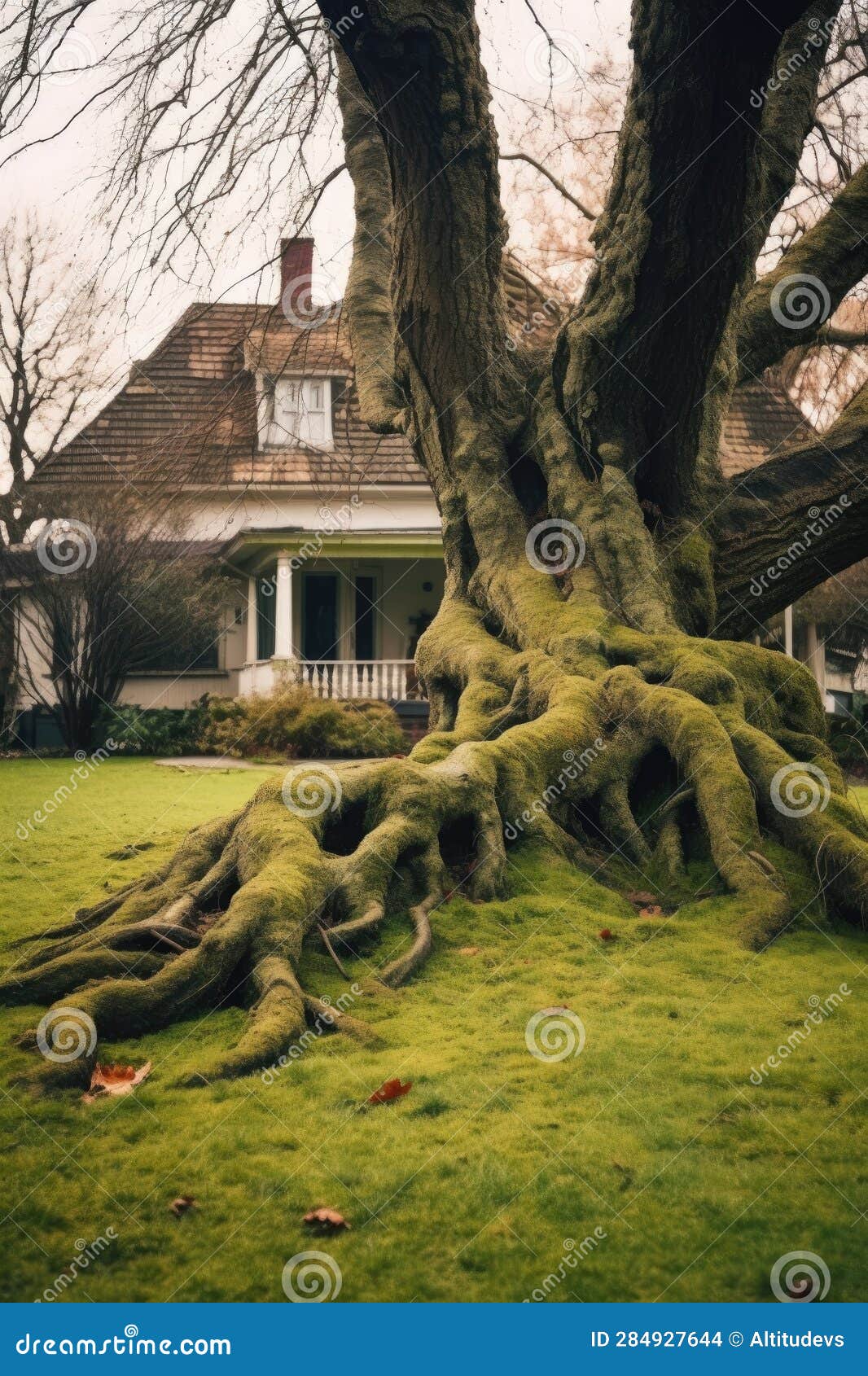 Moss-covered Tree Roots Sprawling Across Backyard Lawn Stock ...
