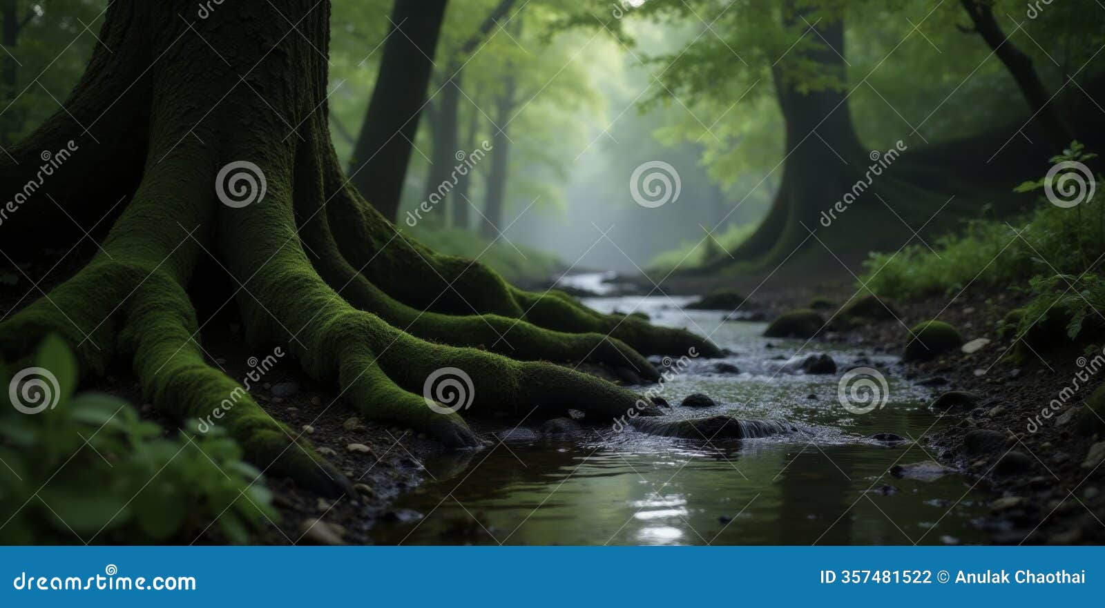 Moss Covered Tree Roots Stretch into the Stream Channel Misty ...