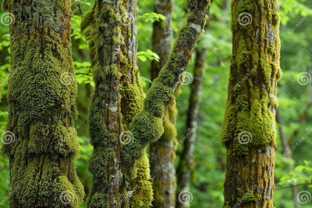 Moss Covers Tree Trunks and Branches in a Lush Forest Setting, Moss ...