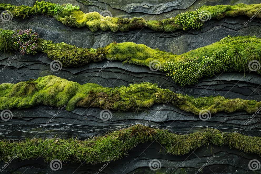 Moss Layers Cover the Side of a Rock Wall, Creating a Textured and Green Surface, Layers of Moss ...
