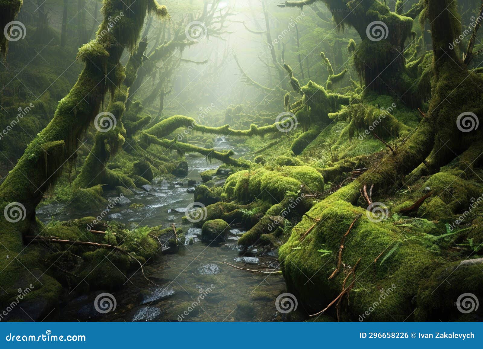 Mossy Forest with Downed Trees. Deep in a Mossy Mistillustration Stock ...