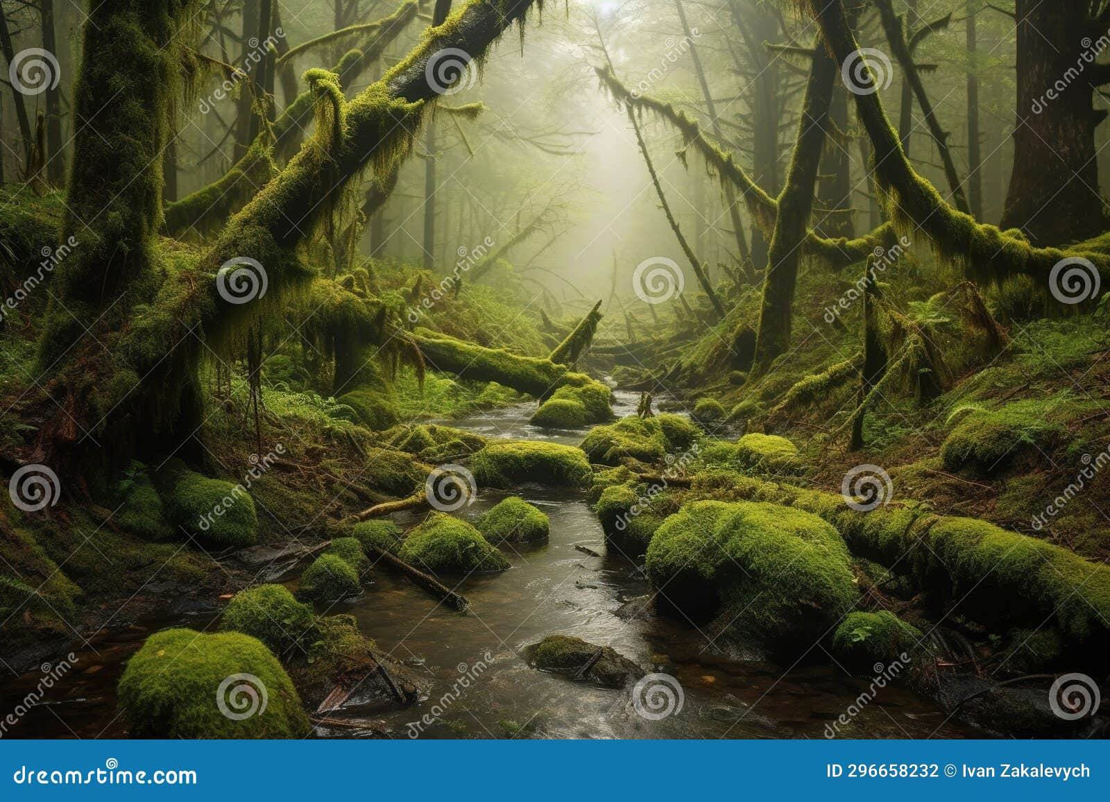 Mossy Forest with Downed Trees. Deep in a Mossy Mistillustration Stock ...