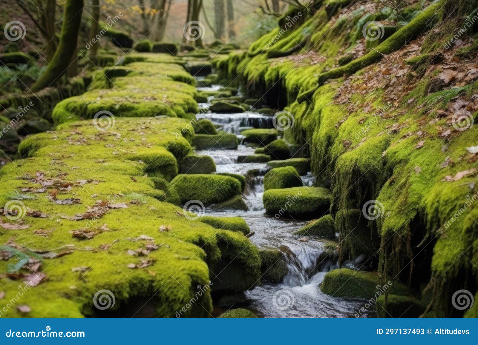 Mossy Stone Path beside a Babbling Brook Stock Illustration ...