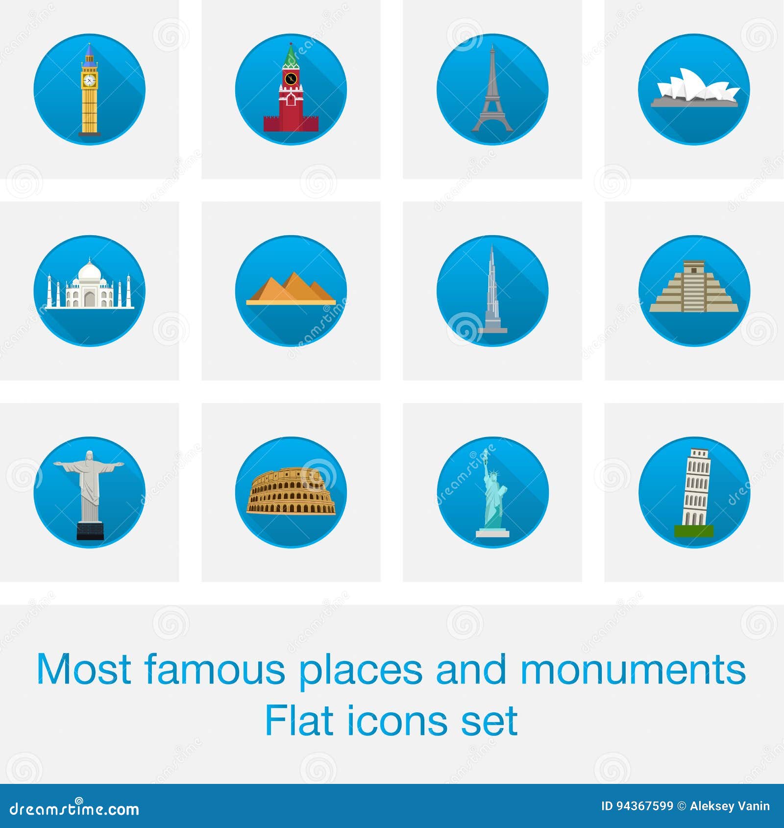 Most Famous Places Flat Icons Set Editorial Stock Image - Illustration ...