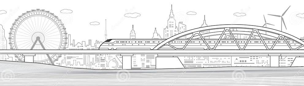 Train Rides on the Bridge. City Industry and Transport Illustration ...