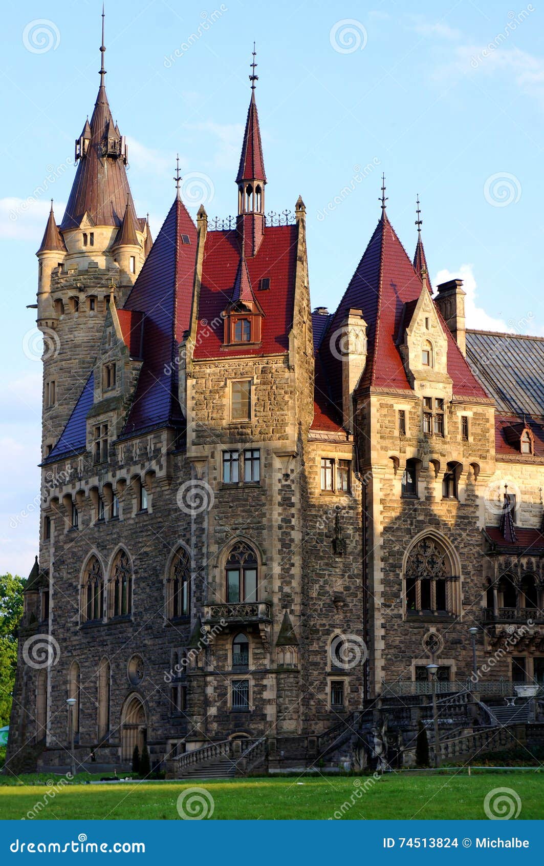 Moszna castle at the dusk stock photo. Image of fantastic - 74513824