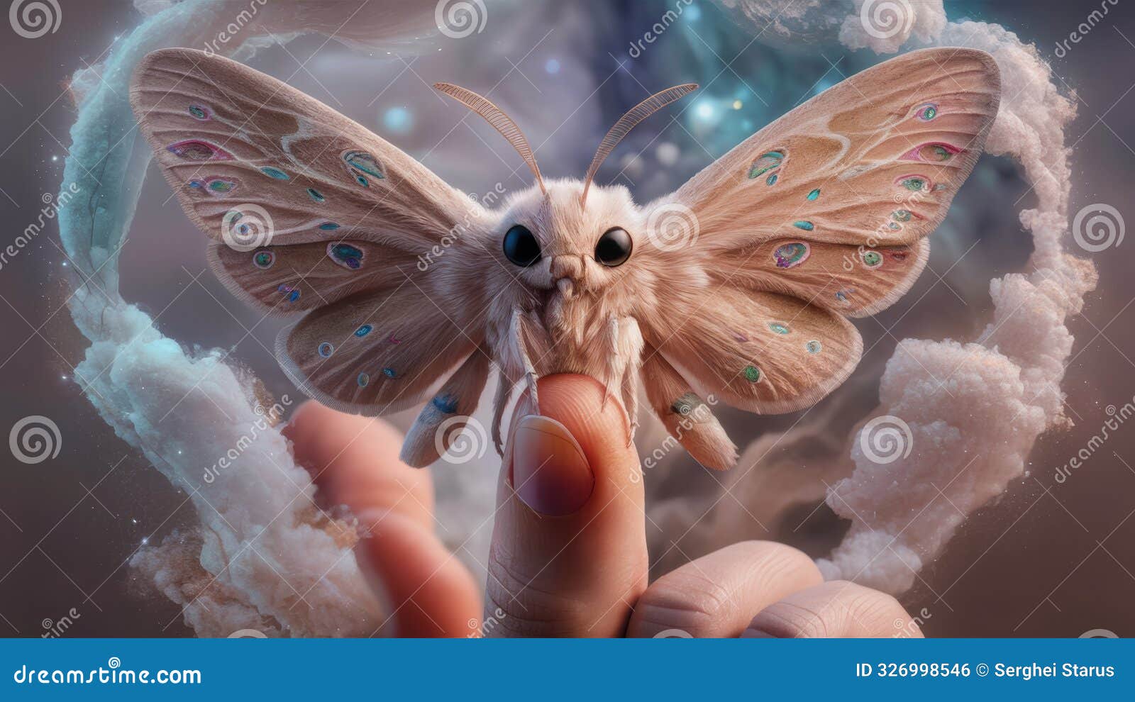 A Moth Butterfly is on a Finger with Clouds and Stars Around it, AI ...