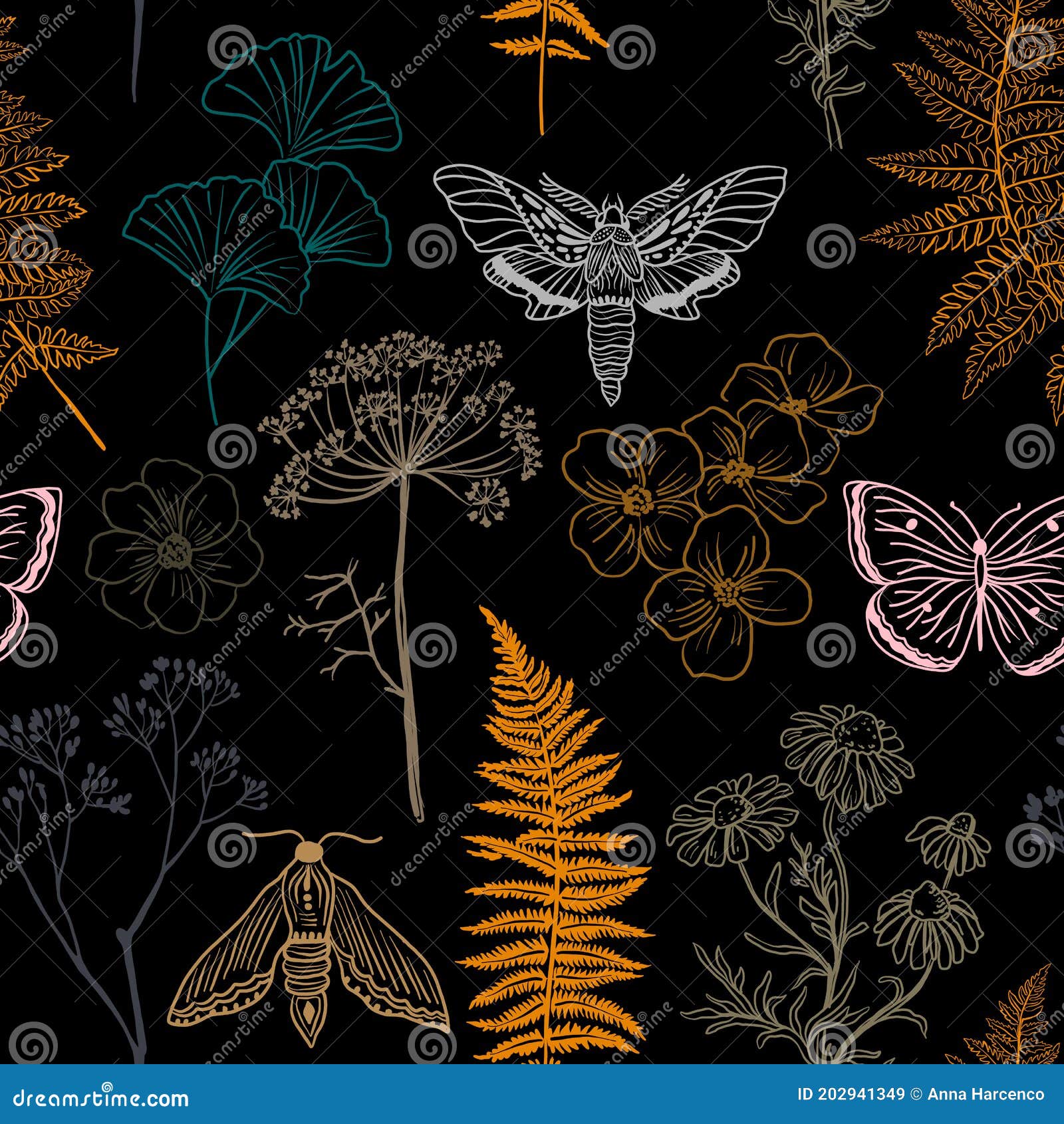 Moth Butterfly Seamless Pattern. Beautiful Vector Background with Night ...