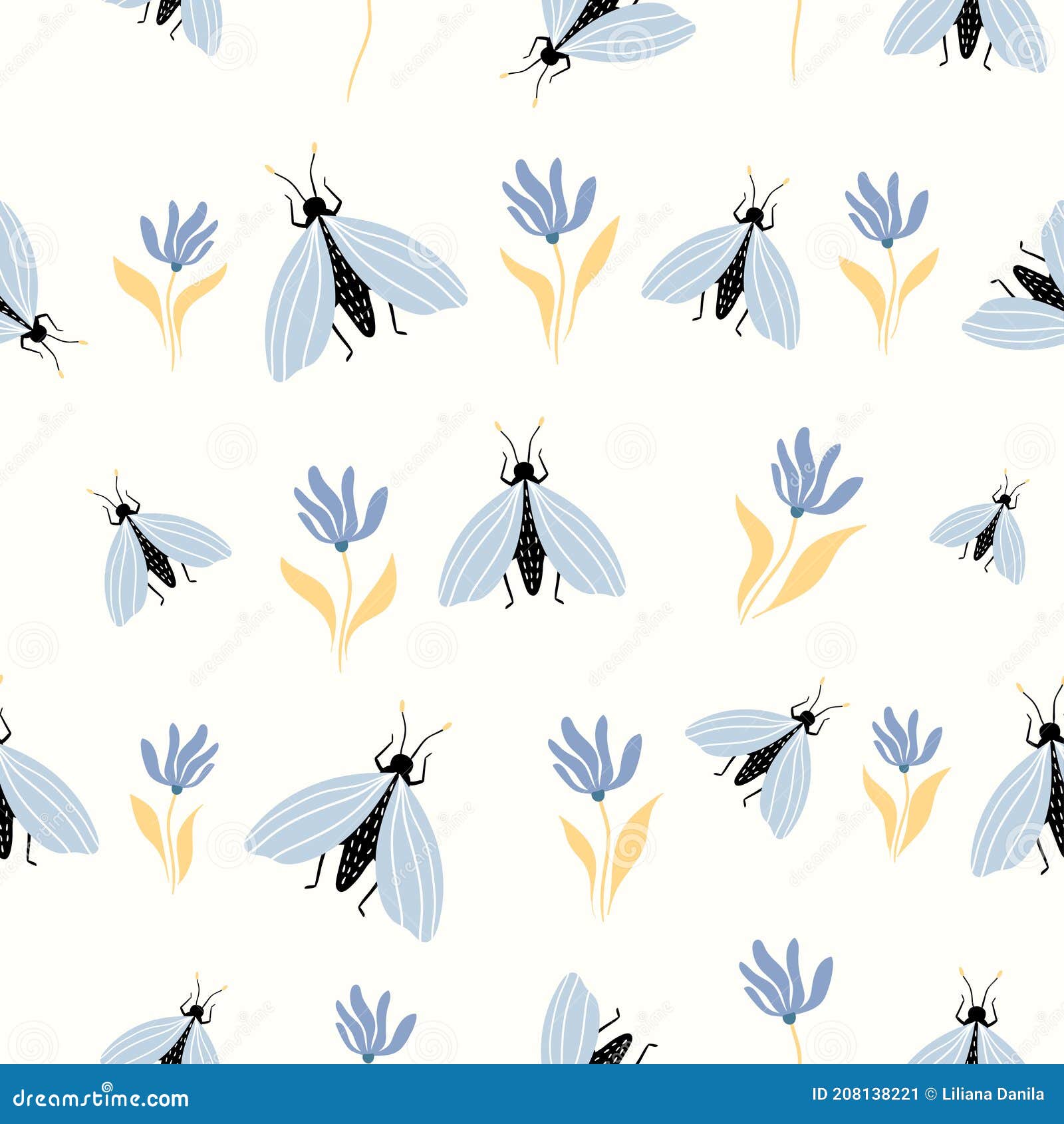 Spring/summer Seamless Pattern with Blue Moths and Flowers Stock Vector ...