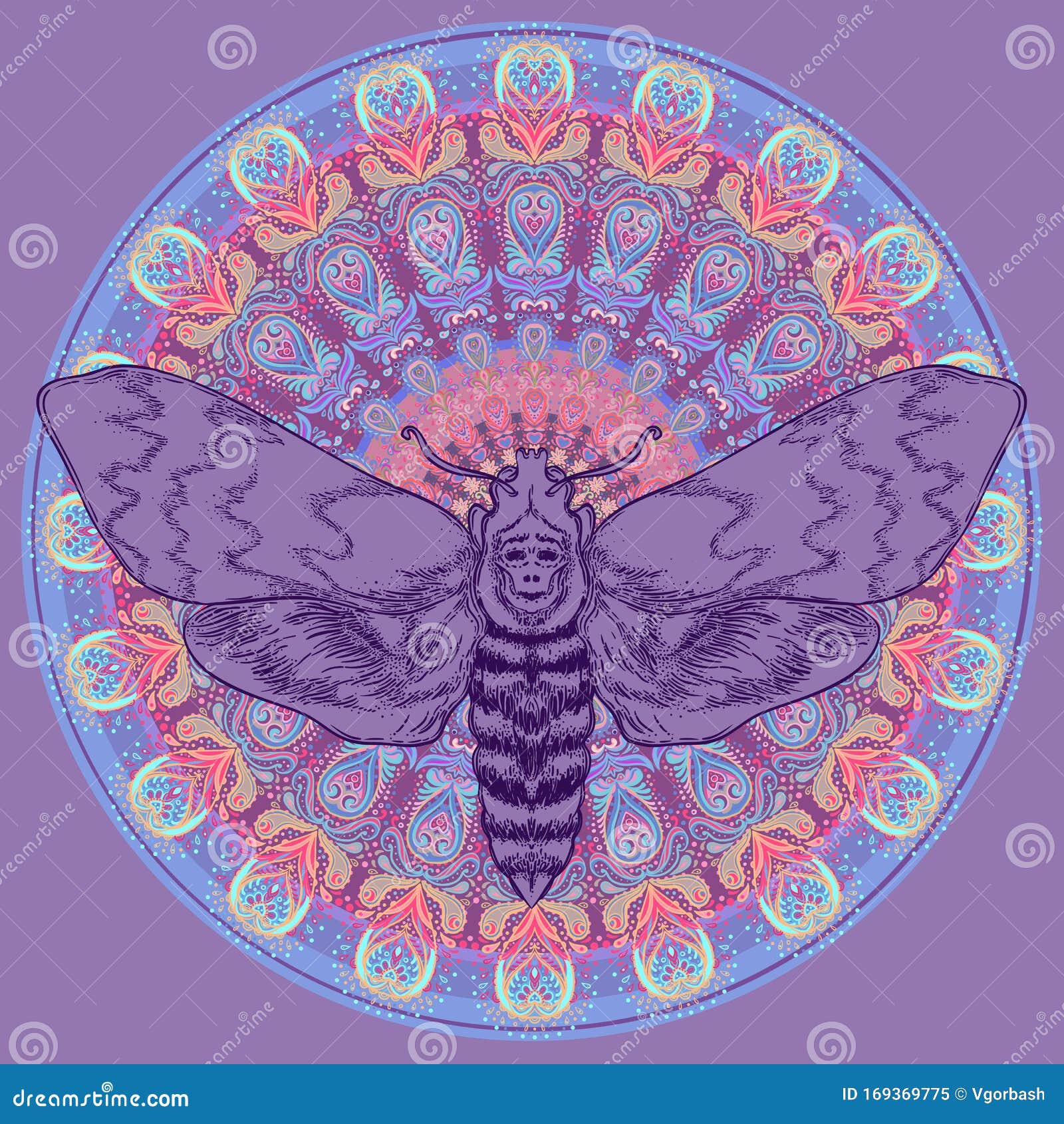Moth Over Mandala. Beautiful Vintage Round Pattern. Vector Illustration ...