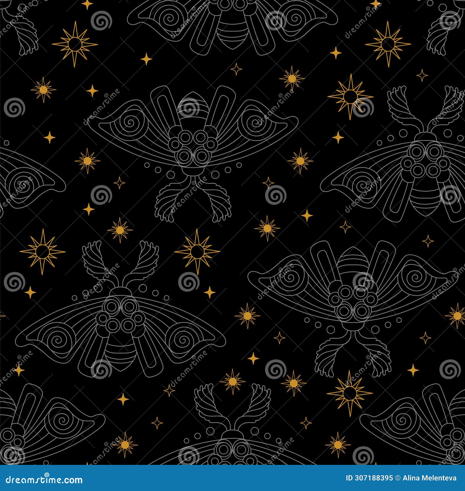 Moth and Stars Seamless Pattern Stock Vector - Illustration of linear ...