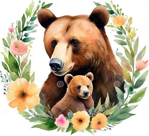 Mother Bear And Her Cubs Decorative Clip Art Ai Generated Stock