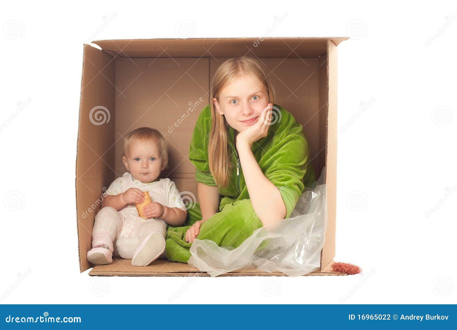 Mother in Box with Baby Eating Cookie Stock Photo - Image of child ...