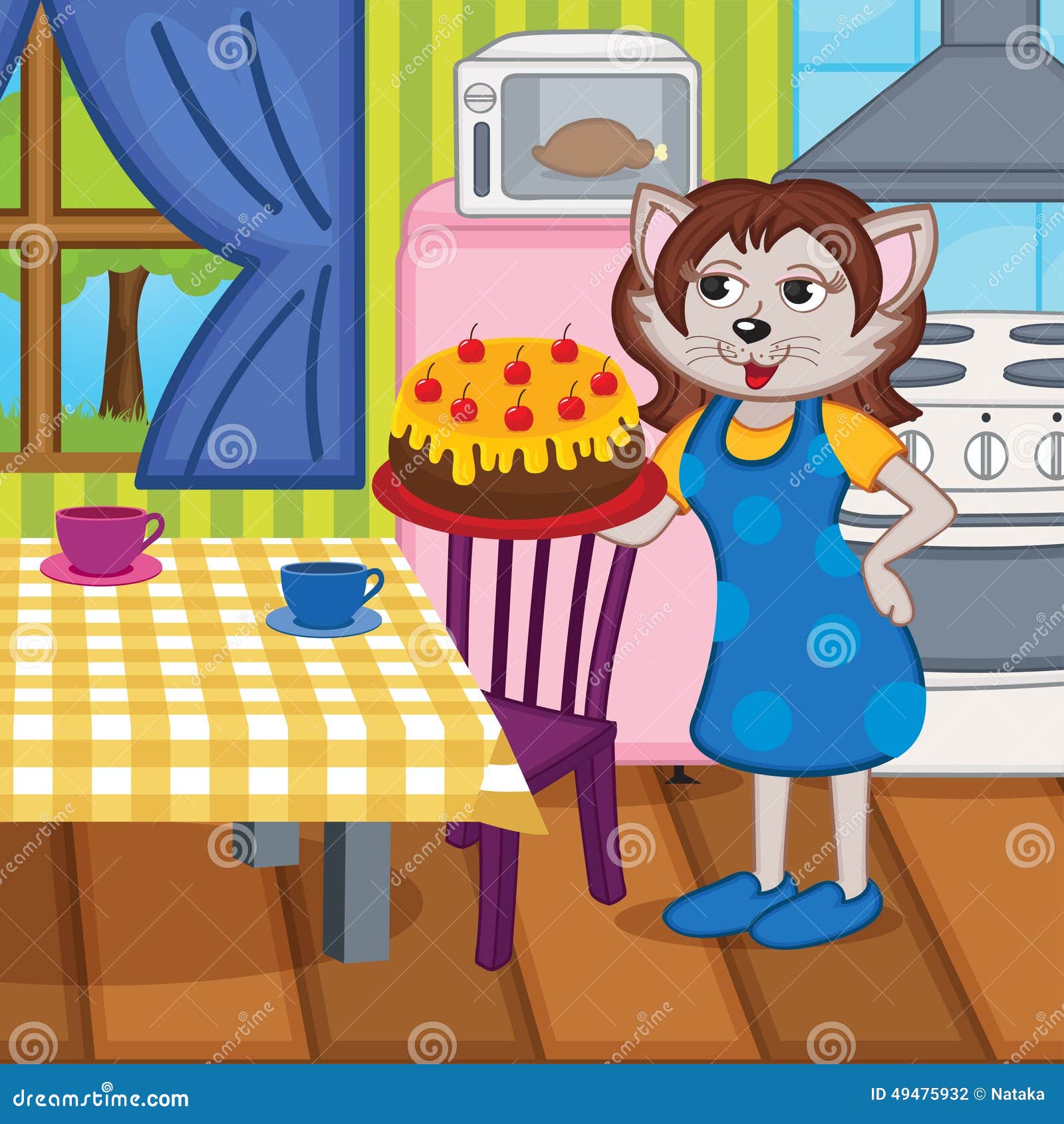 Mother Cat Baked a Cake in Kitchen Stock Vector - Illustration of ...