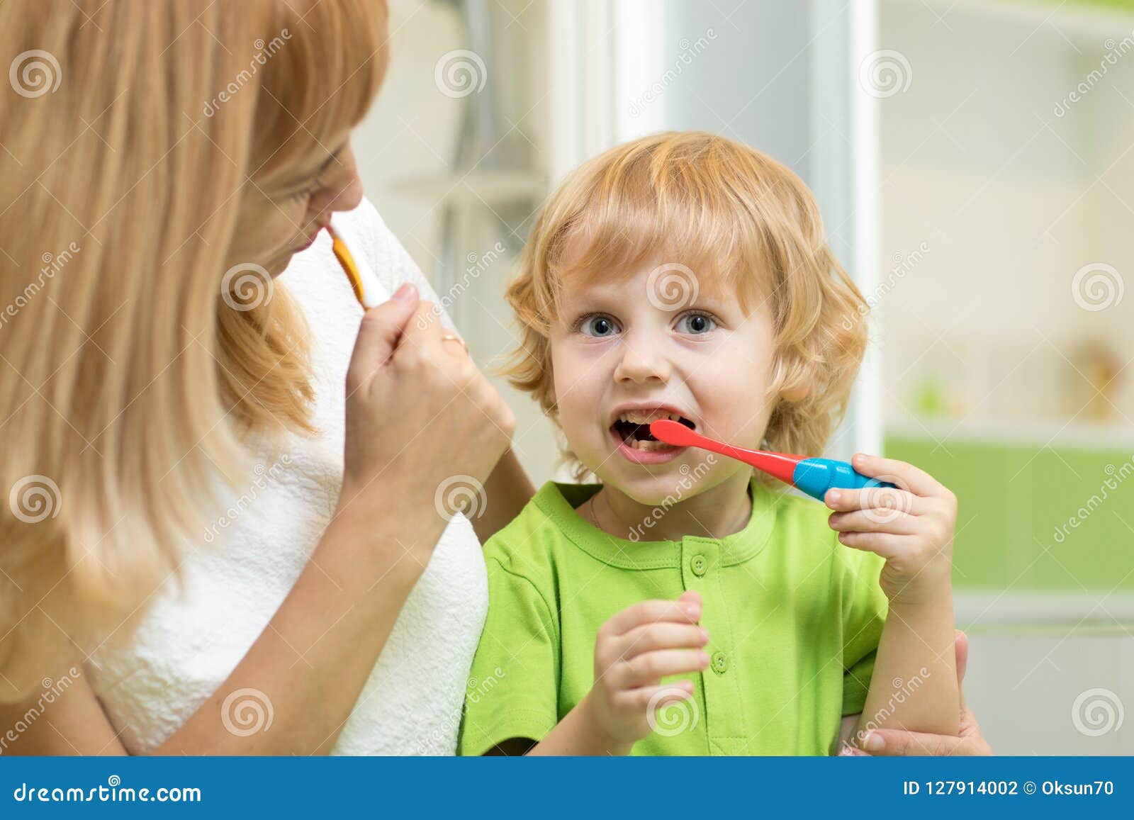 Mother and Child Boy Brushing Teeth Together Stock Photo - Image of ...