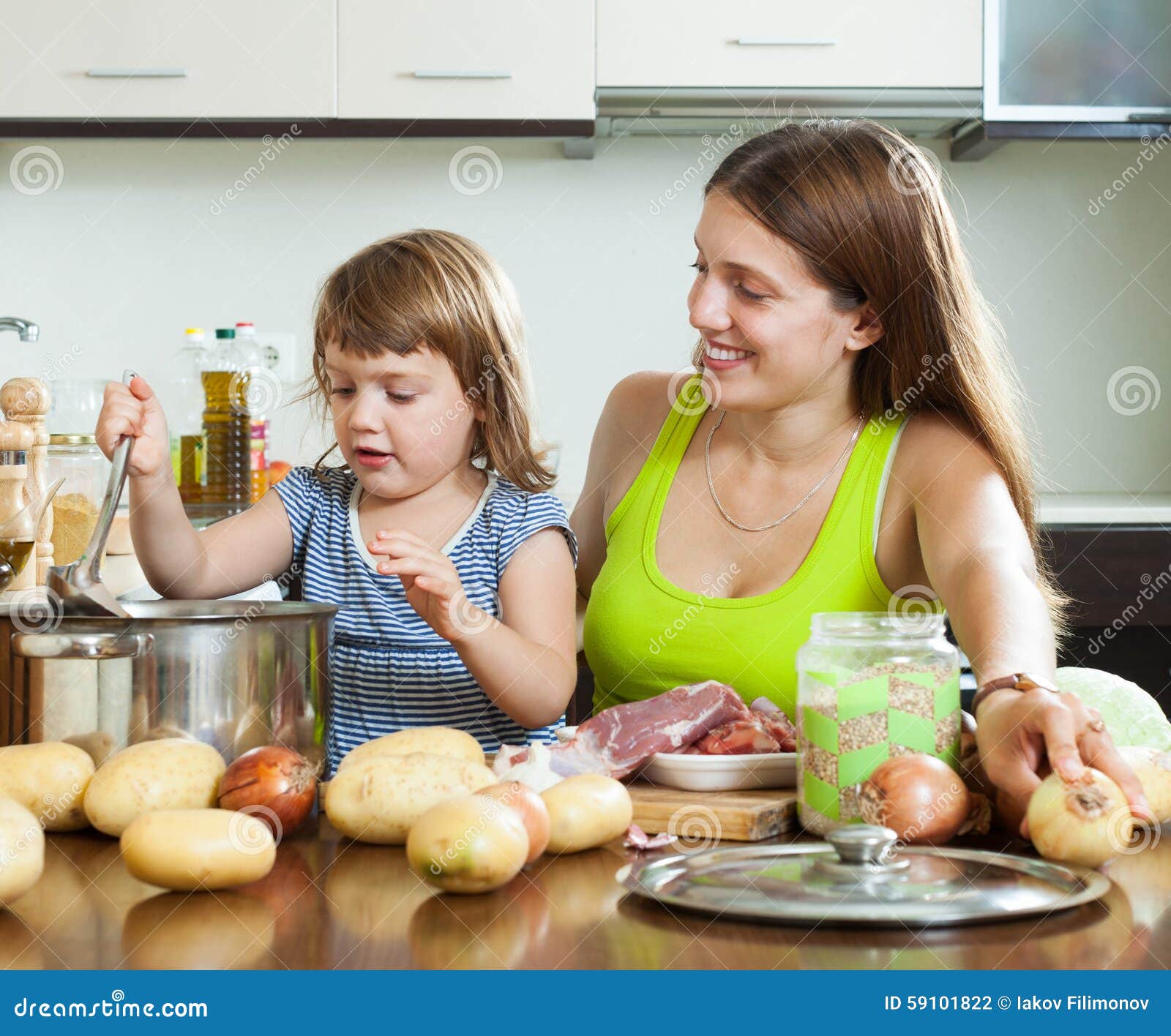 Mother with Child Cooking Soup Stock Photo - Image of cook, mother ...