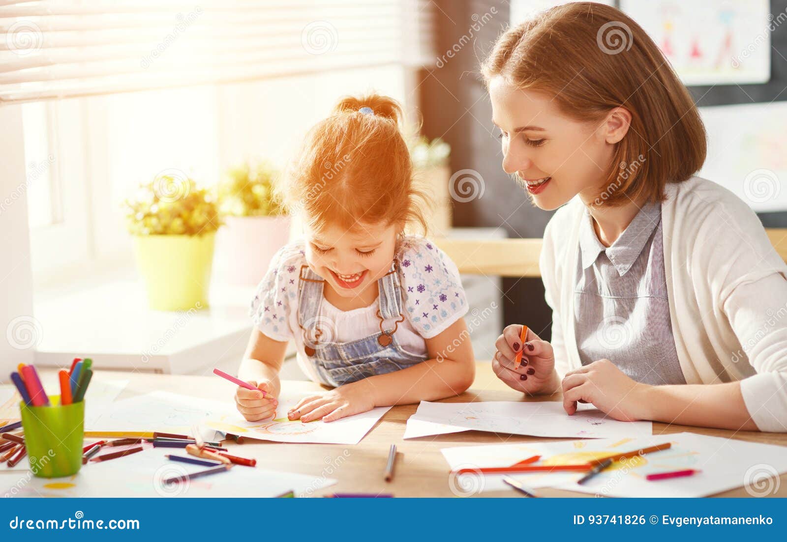 Mother and Child Daughter Draws in Creativity in Kindergarten Stock ...