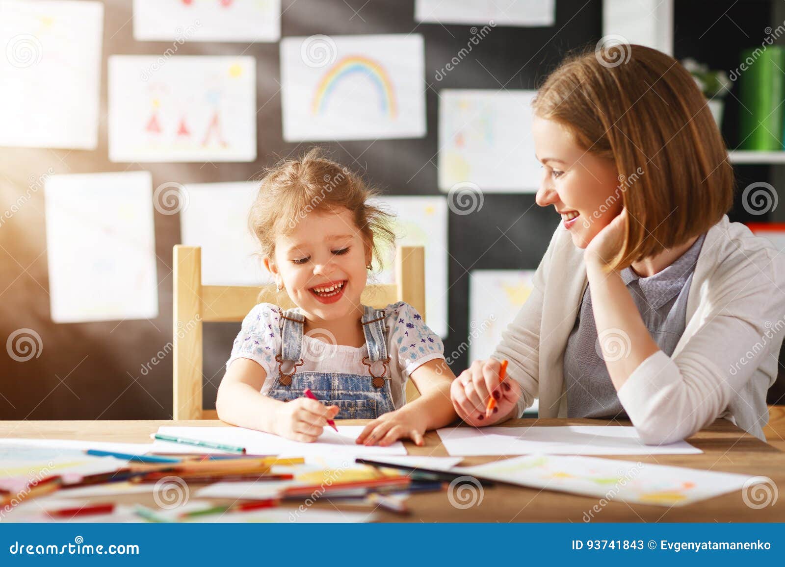 Mother and Child Daughter Draws in Creativity in Kindergarten Stock ...