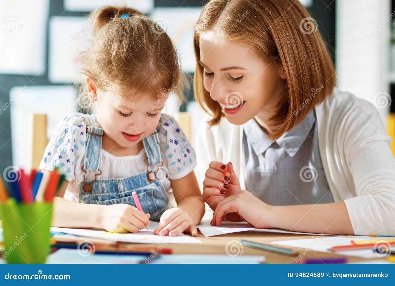 Mother and Child Daughter Draws in Creativity in Kindergarten Stock ...