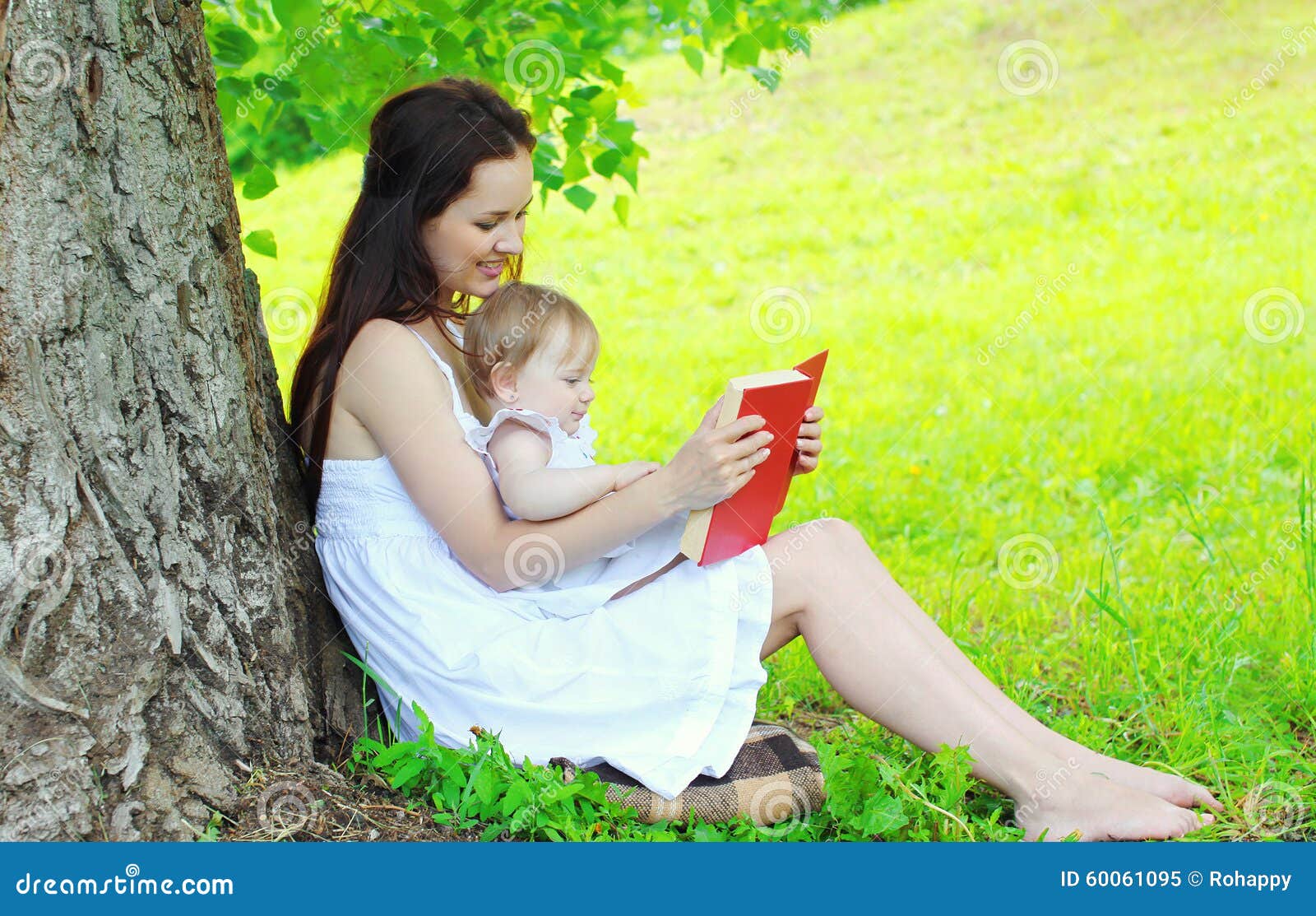 Mother and Child Reading Book Together Under Tree in Summer Stock Image ...