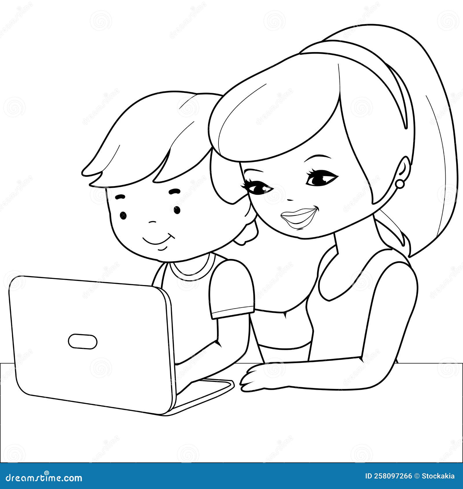 Mother and Son on the Computer. Vector Black and White Coloring Page ...