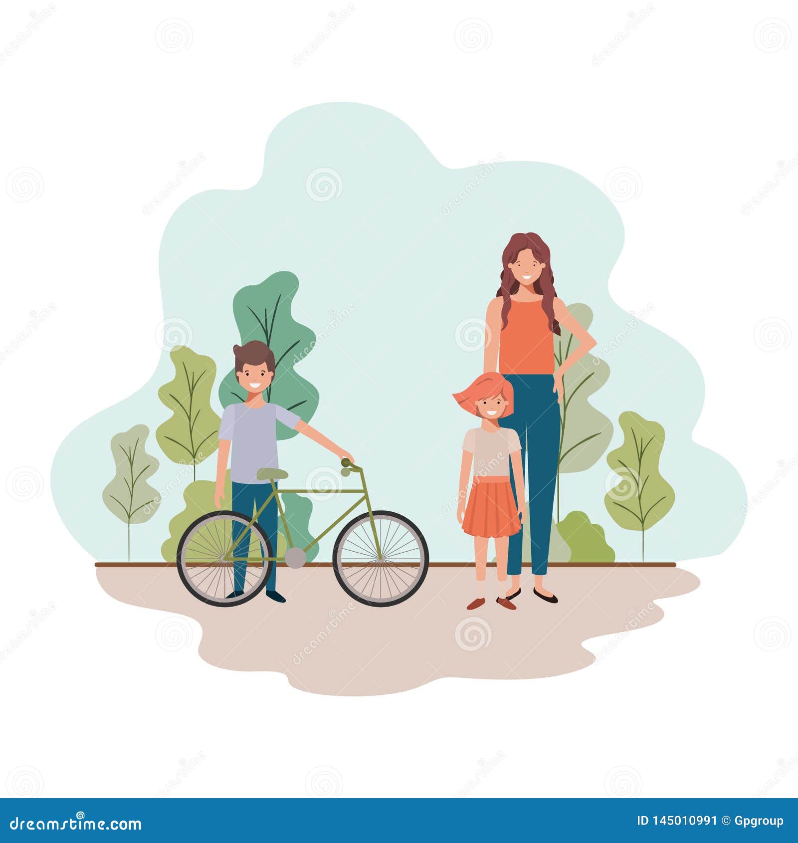 Mother and Children with Bicycle in Landscape Stock Vector ...