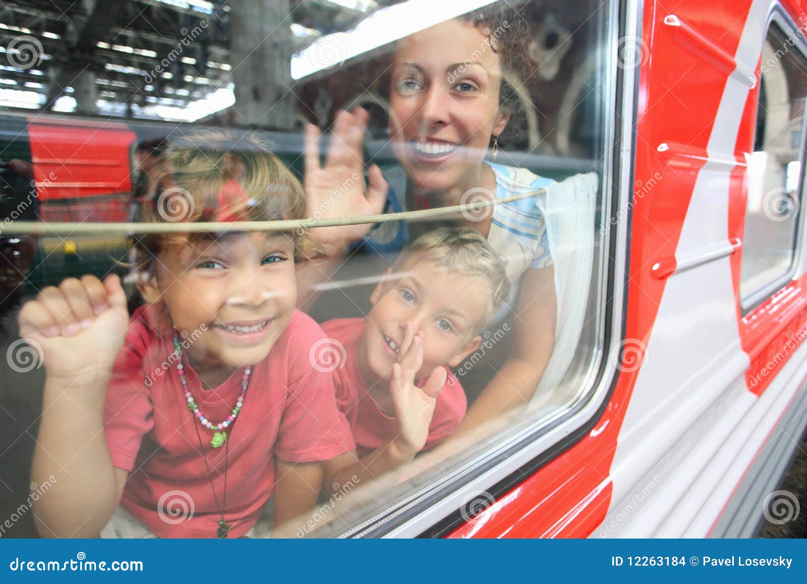 Mother and Children Look from Train Window Stock Photo - Image of male ...