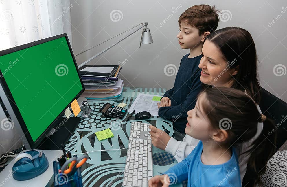 Mother and Children Looking at Computer Screen Stock Image - Image of ...