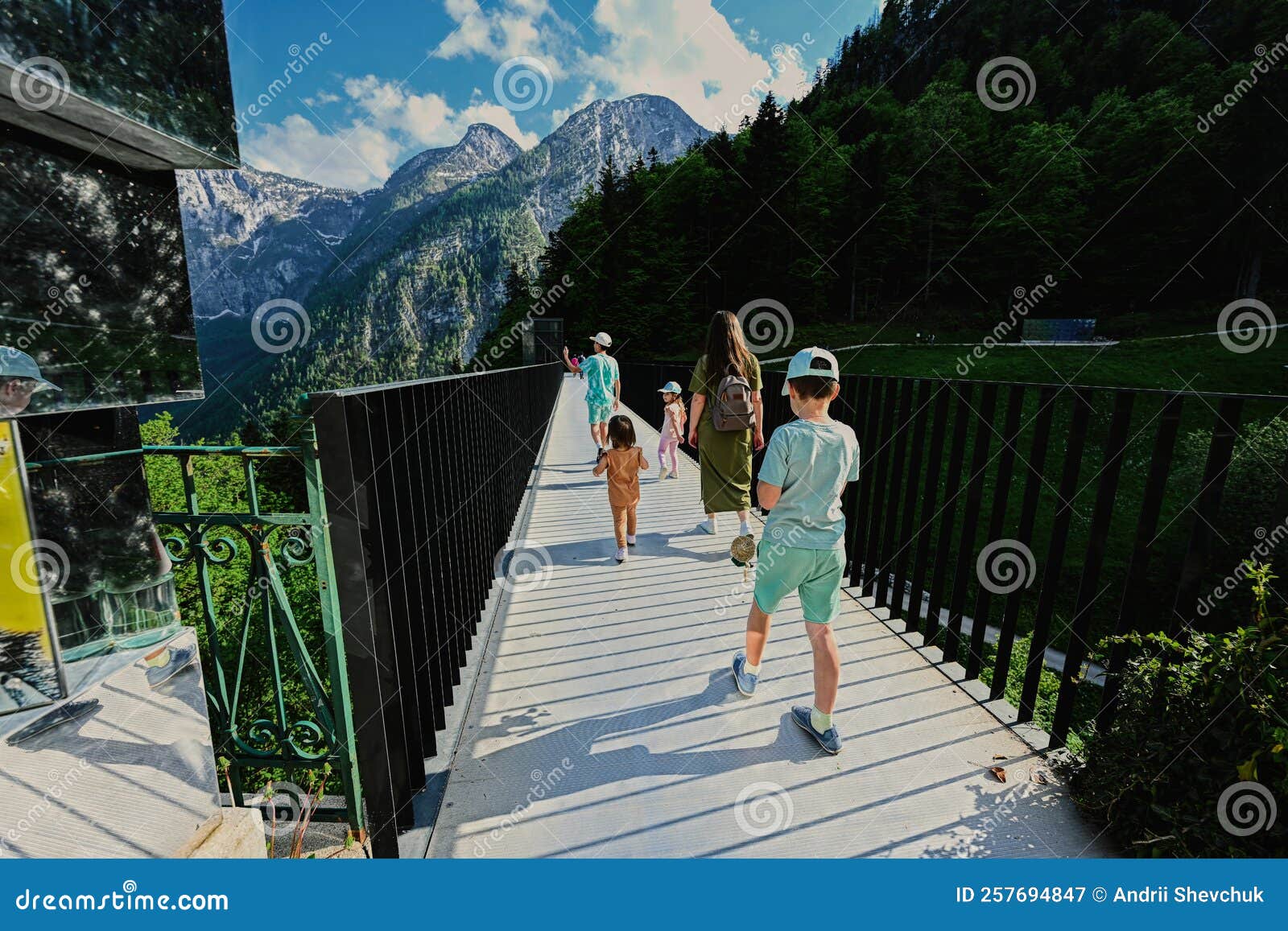Mother with Children at Observation Bridge in Hallstatt, Austria Stock ...
