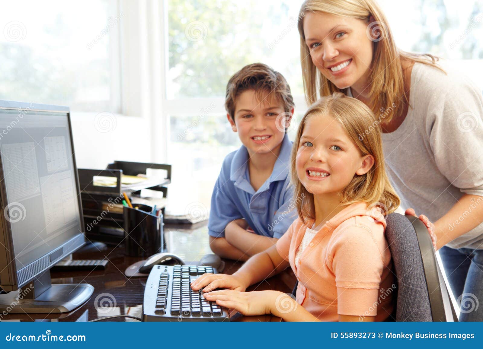 Mother and Children Using Computer at Home Stock Image - Image of ...