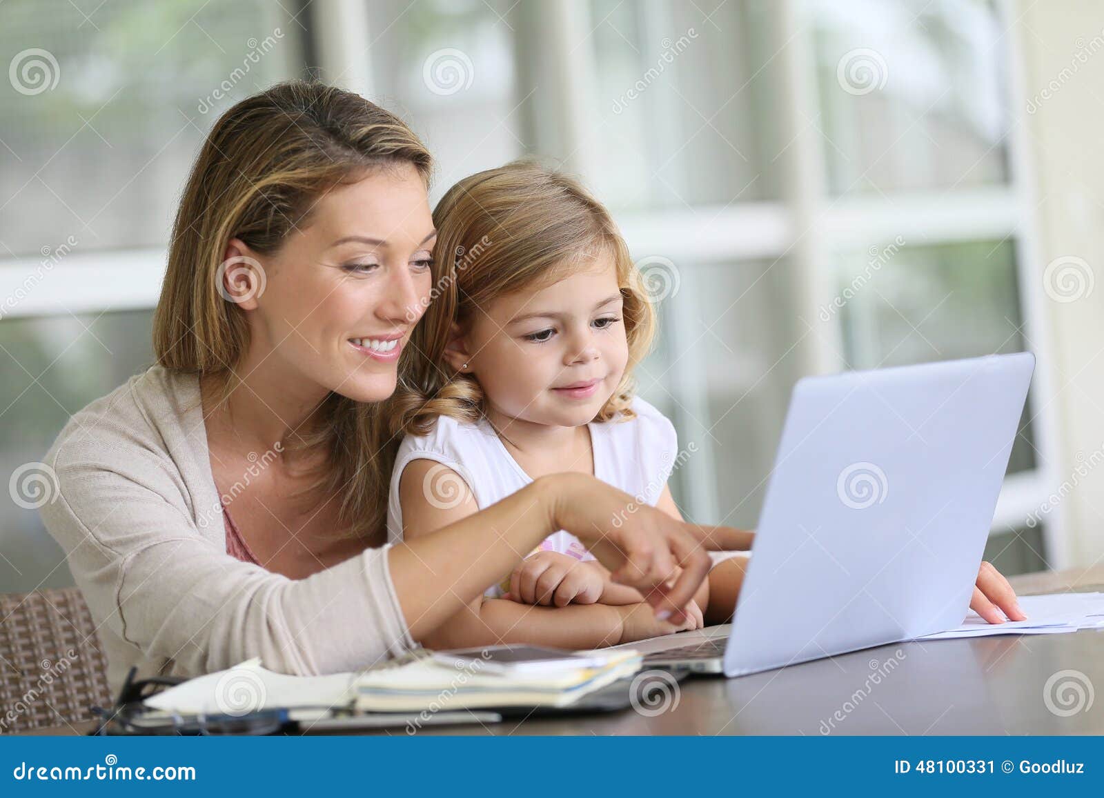 Mother and Daighter Working on the Laptop Stock Image - Image of ...