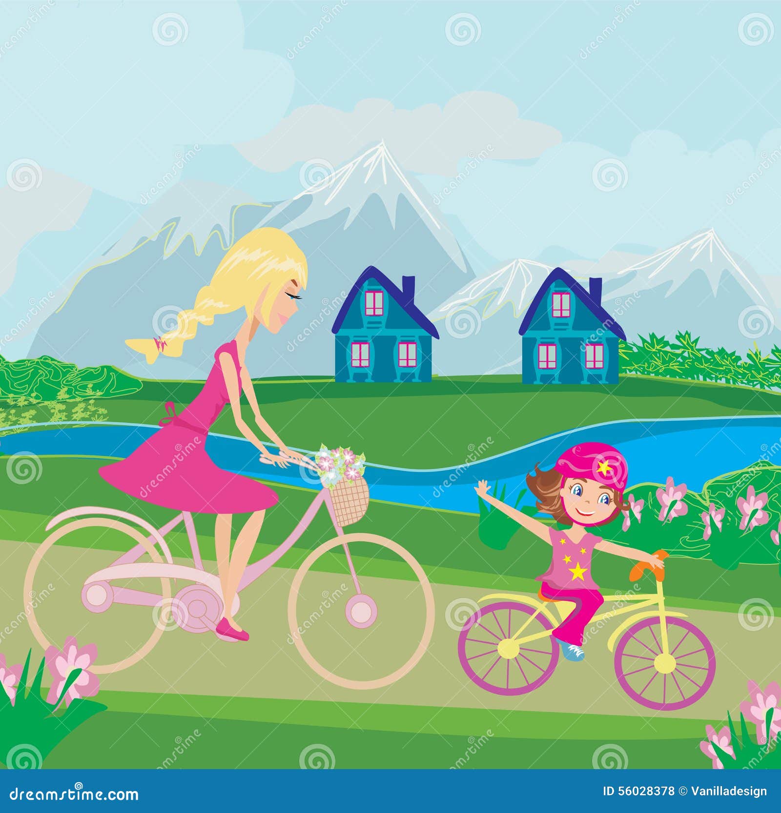 Mother and daughter biking stock vector. Illustration of exercise ...
