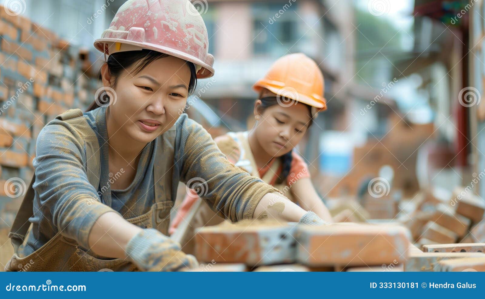 Mother and Daughter Build Wall with Bricks at Construction Site ...