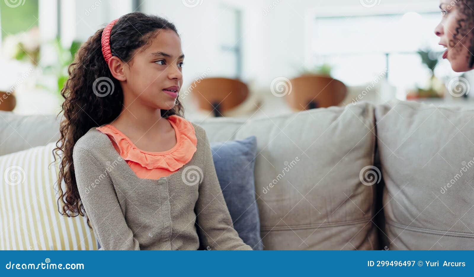 Mother Daughter And Conflict With Angry On Couch In Living Room For