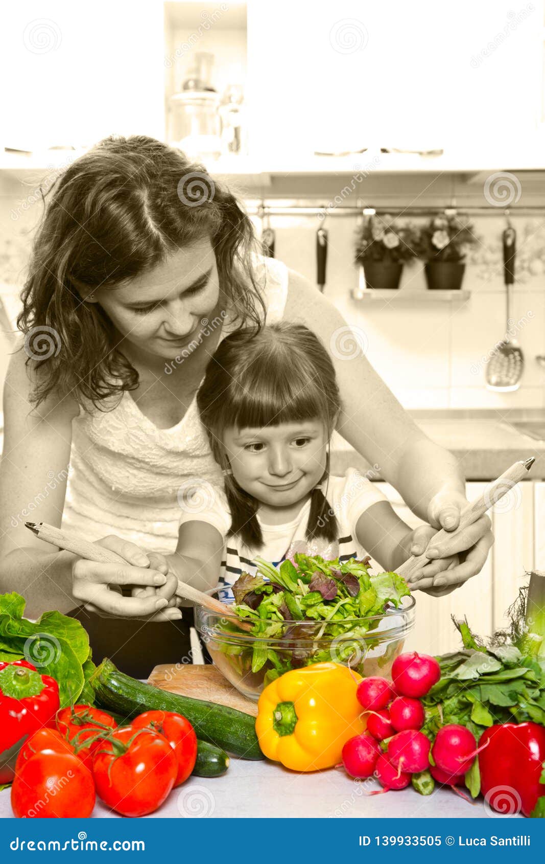 Mother and Daughter Cooking Dinner in Kitchen Stock Image - Image of ...