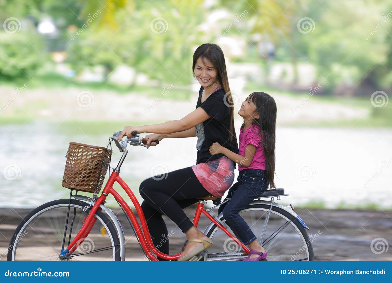 Mother and a Daughter Cycling Bicycle Stock Image - Image of forest ...