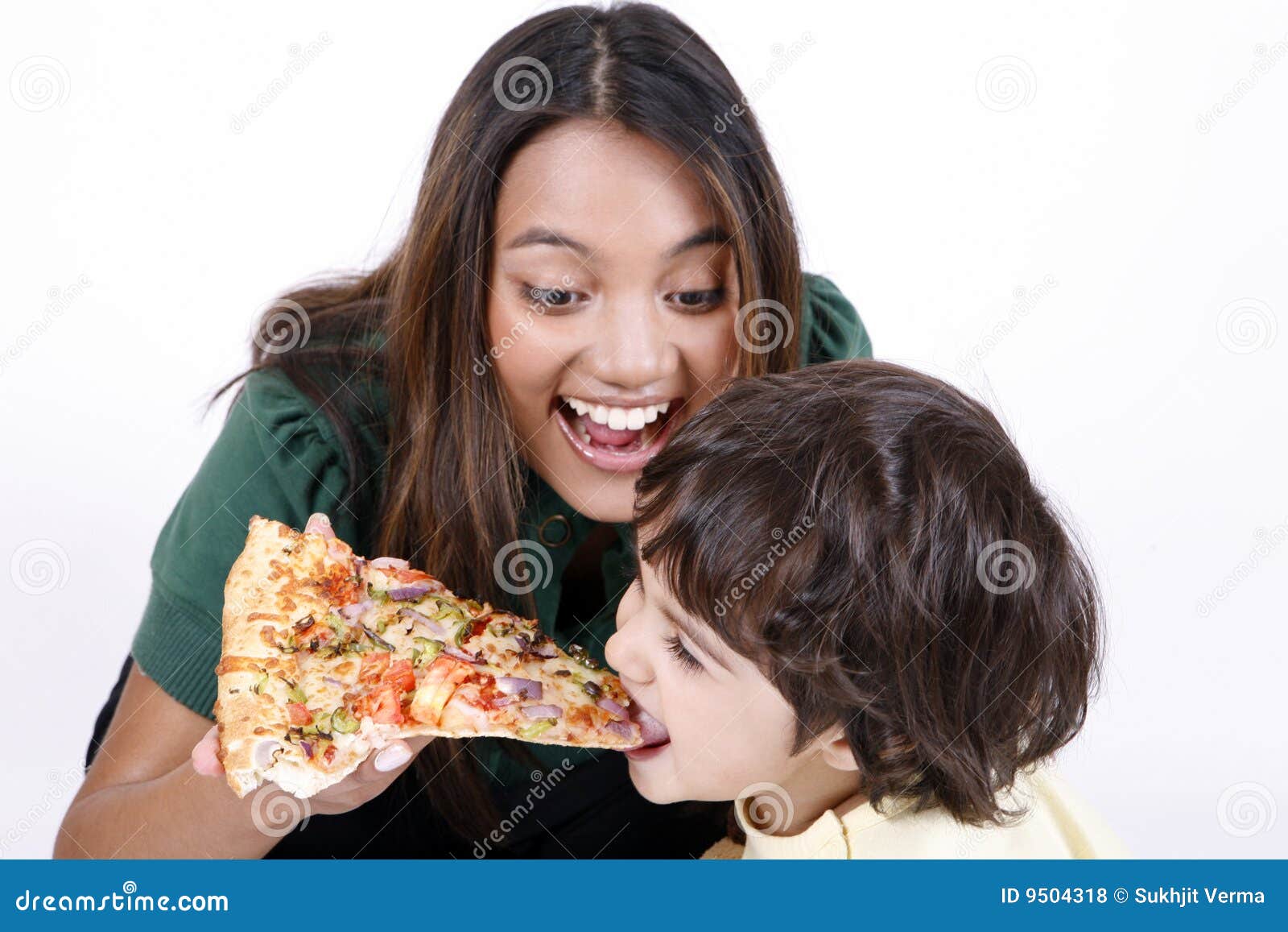 Mother and Daughter Eating Pizza Slice Stock Photo - Image of female ...