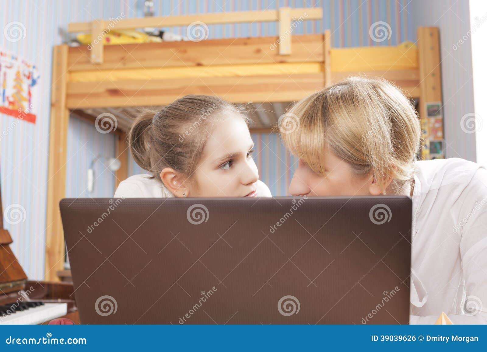 Mother and Daughter in Front of Computer Screen Stock Photo - Image of ...