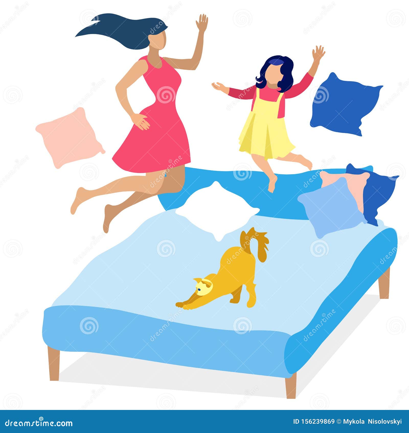 Mother And Daughter Having Fun Jump On Bed Cartoon Stock Vector