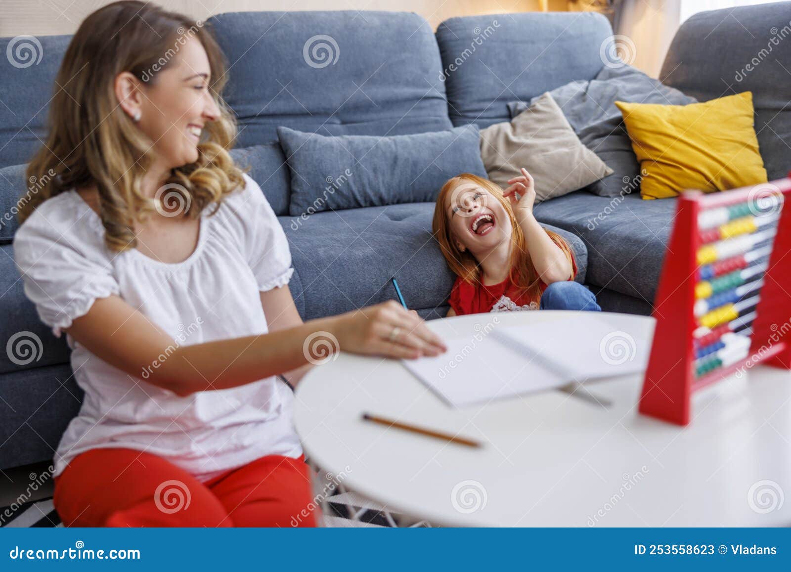 Mother and Daughter Having Fun Studying and Doing Homework Stock Image ...