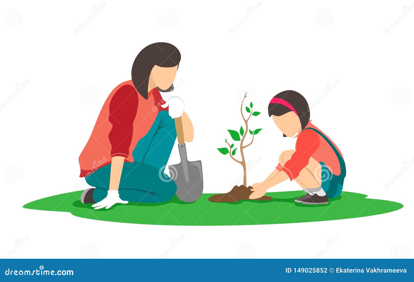 Mom and Daughter Plant a Tree Together. Vector Illustration on White ...