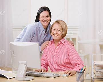 Mother and Daughter Posing with Computer Stock Image - Image of ...