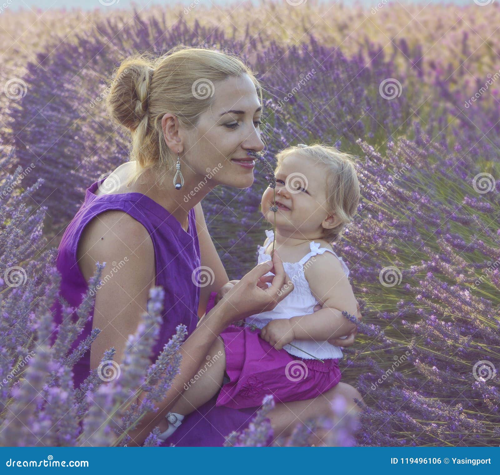 Mother and Daughter in a Lavender Field Stock Photo - Image of meadow ...