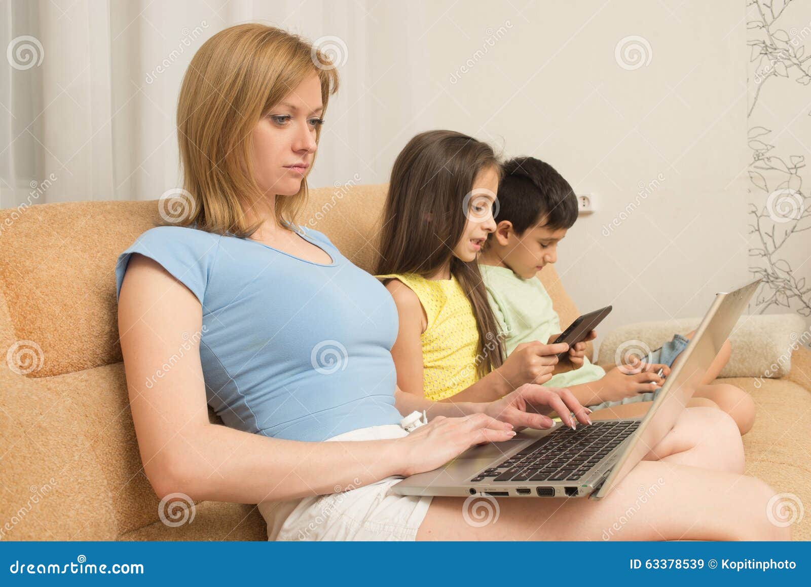 Mother, Daughter, Son with Laptop and Tablet Pc. Internet Addiction ...