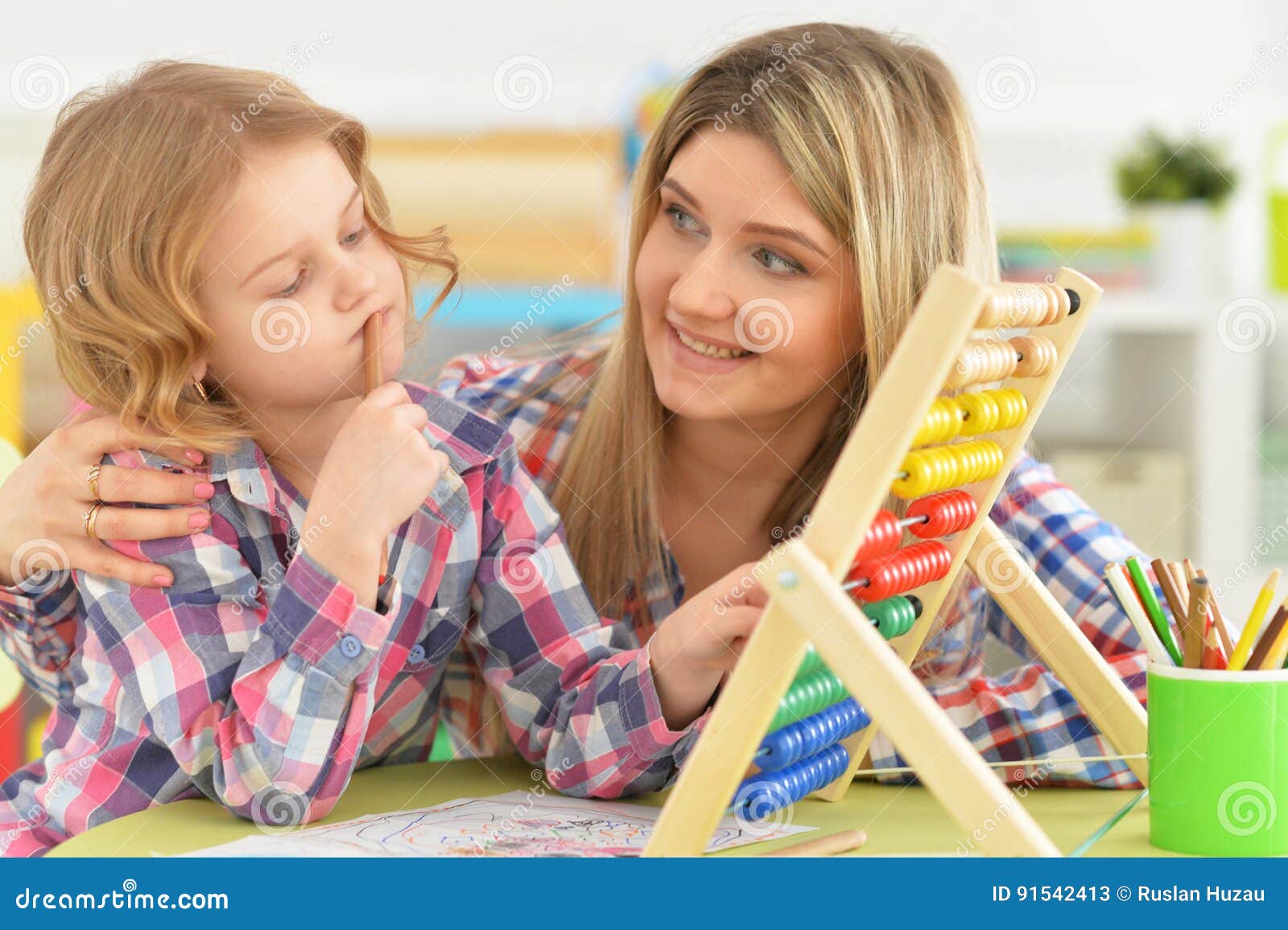 Mother and Daughter Study at the Table Stock Image - Image of love ...