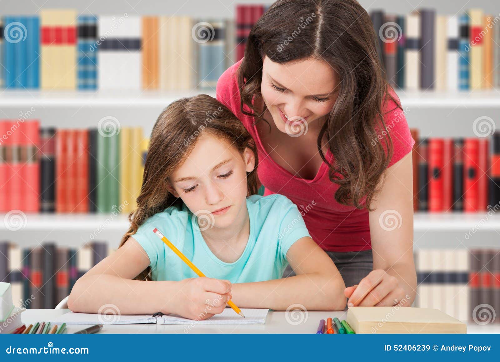 Mother and Daughter Studying in Library Stock Image - Image of bonding ...
