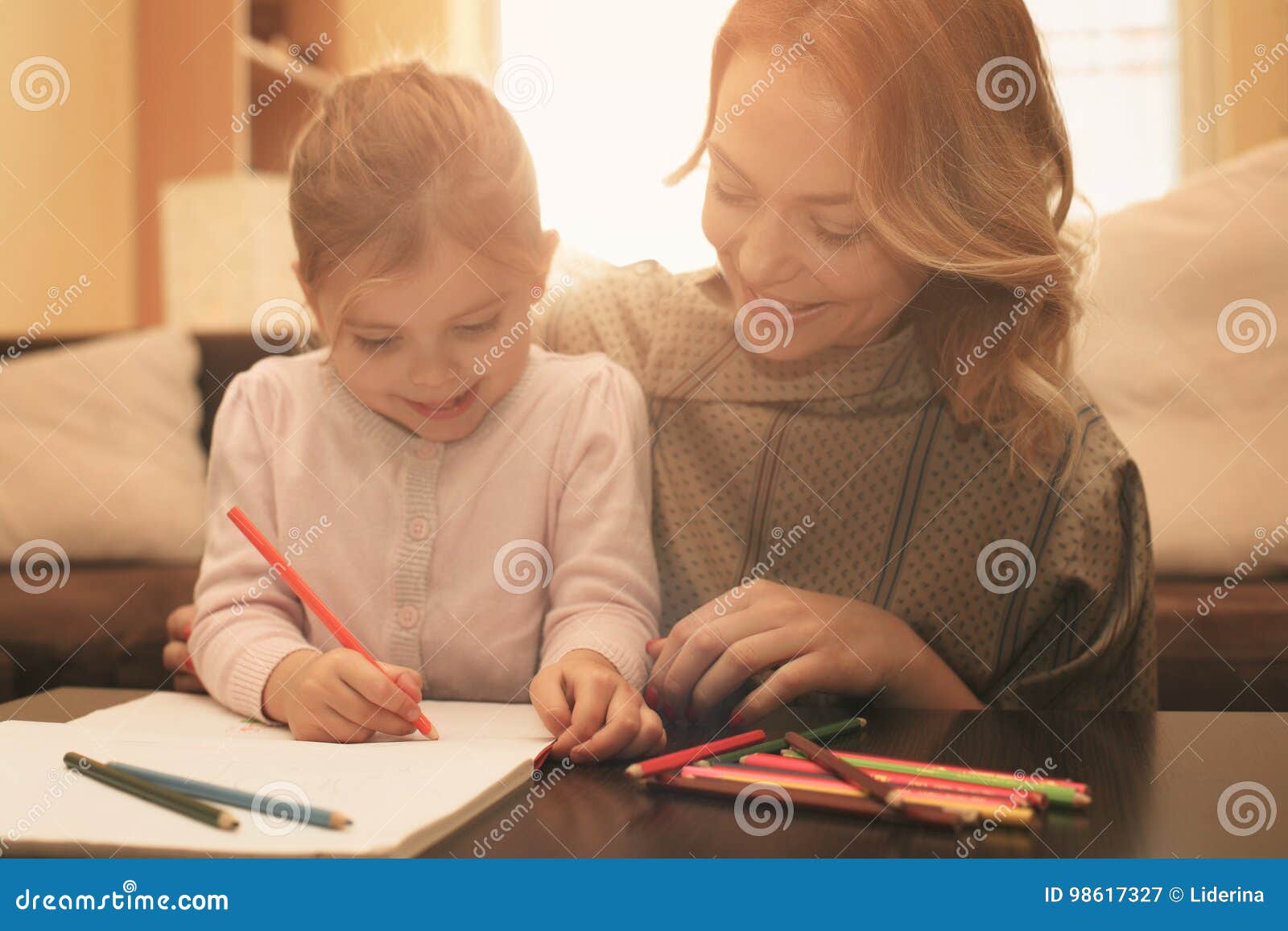 Mother and Daughter Writing. Stock Image - Image of desk, home: 98617327