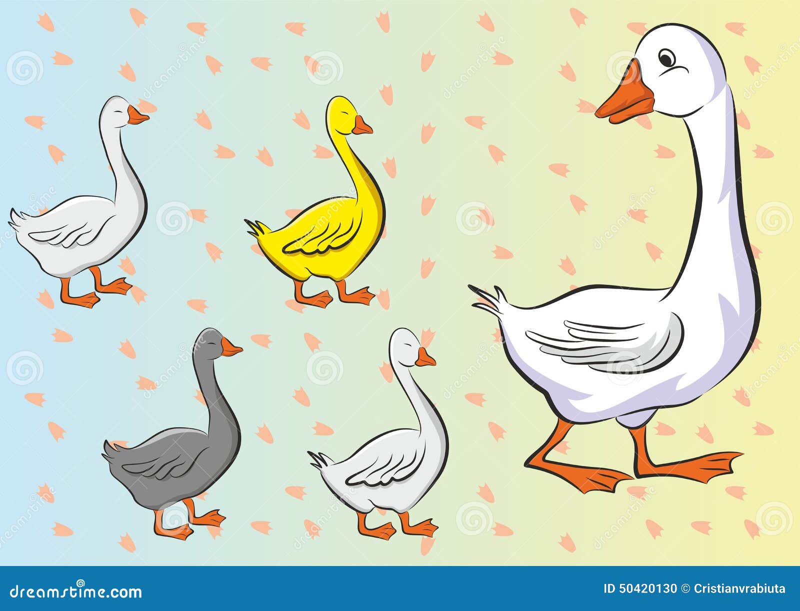 Mother Duck And Her Little Happy Ducks With Footprints Background ...
