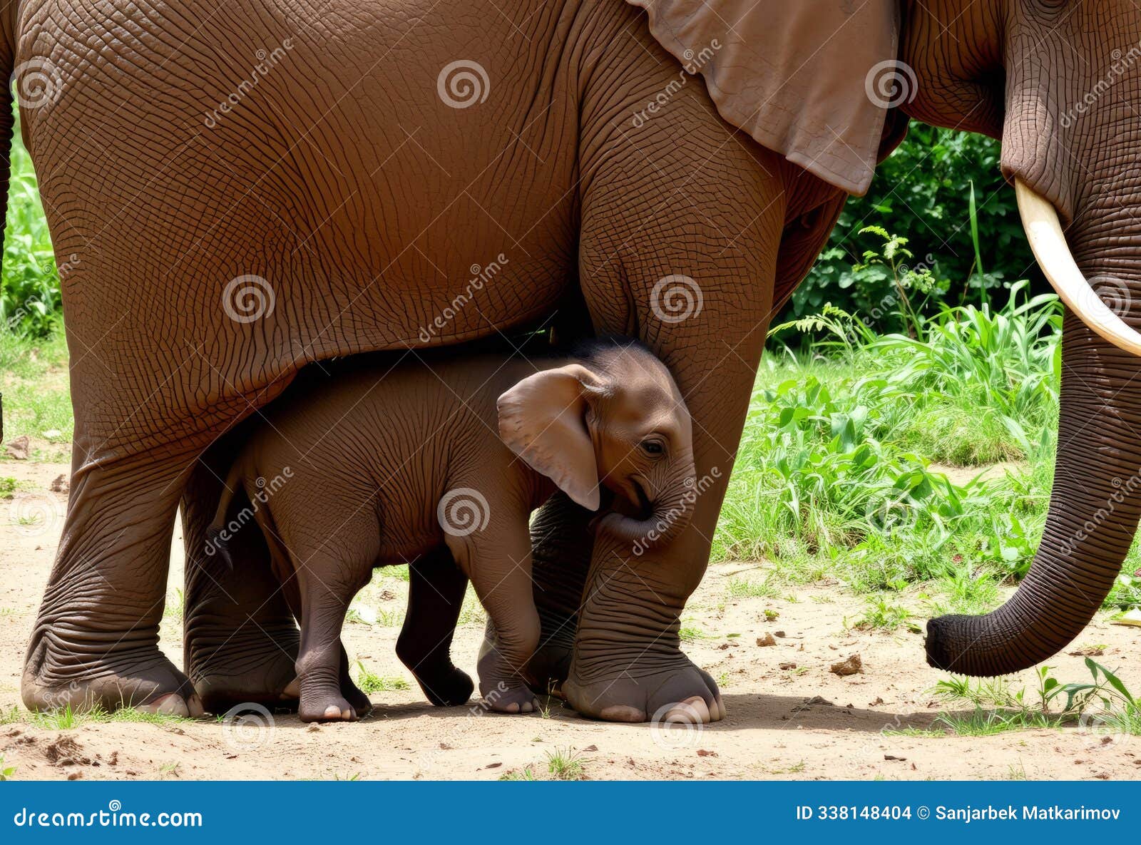 A Mother Elephant Wrapping Her Trunk Around Her Calf Stock Photo ...