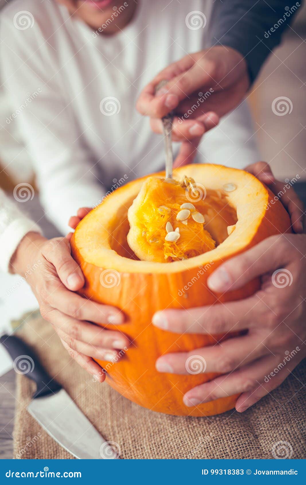 Mother Father And Daughter Carving Big Pumpkin Stock Image Image Of